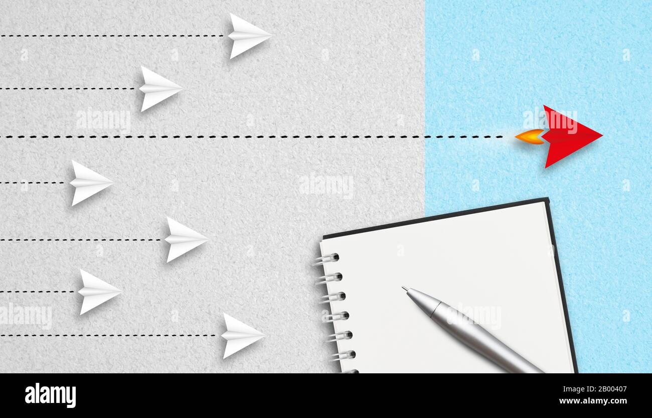 little airplanes and a red one on paper background that is faster ...