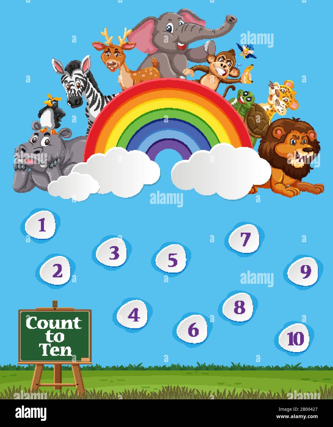 Number one to ten with blue sky and colorful rainbow background ...