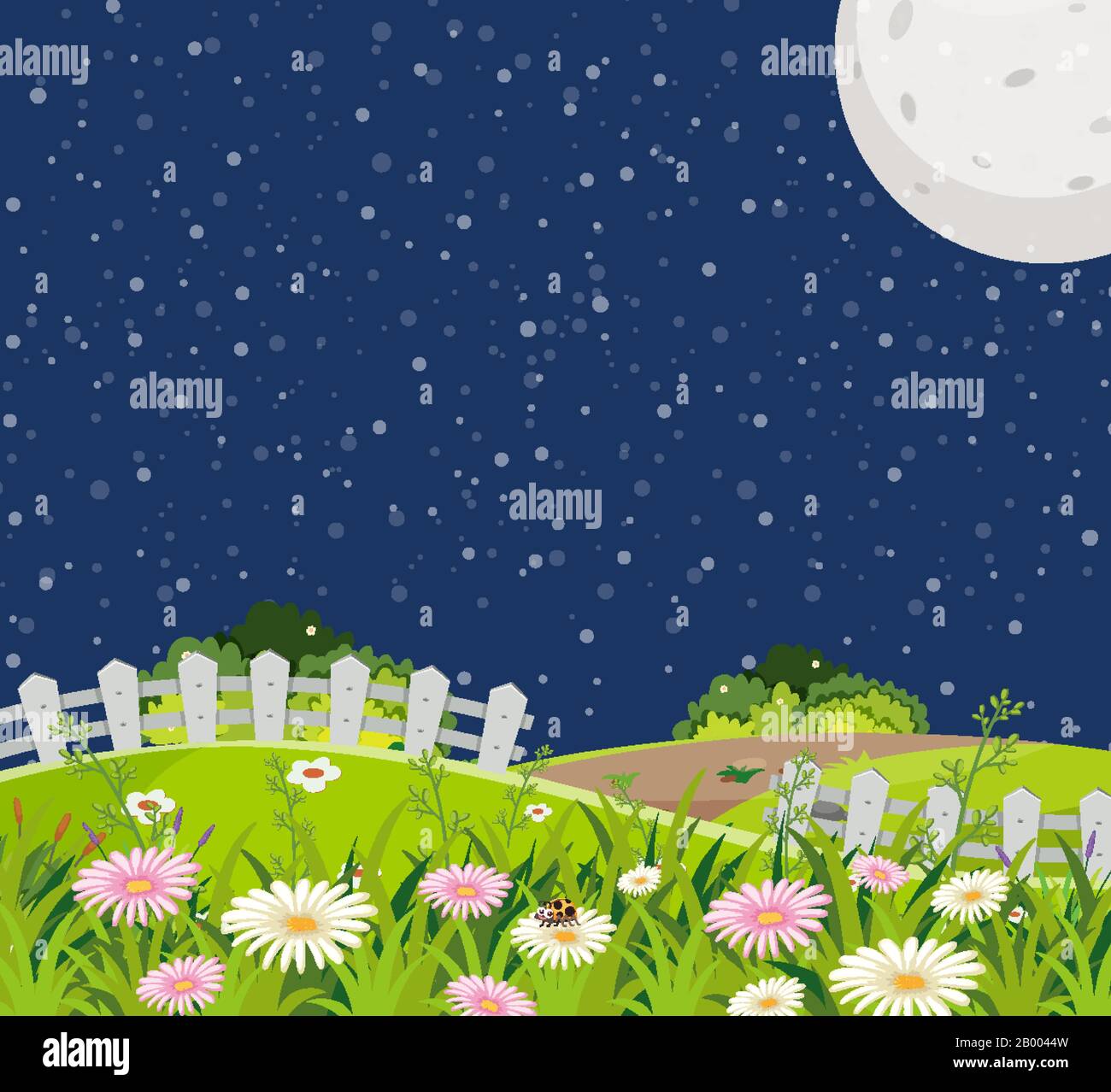 Scene with green hills full of flowers at night time illustration Stock ...