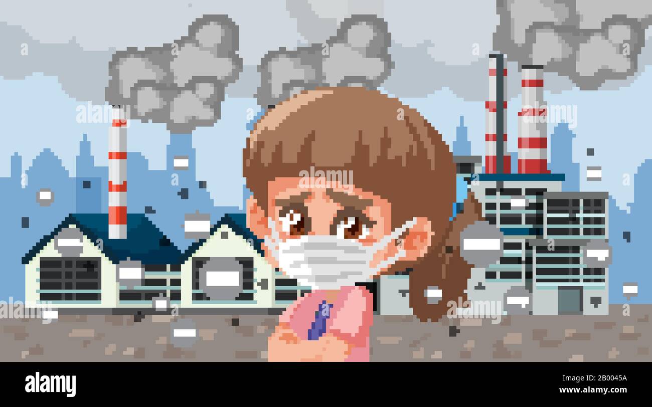 Sad looking girl wearing mask in front of factory buildings ...