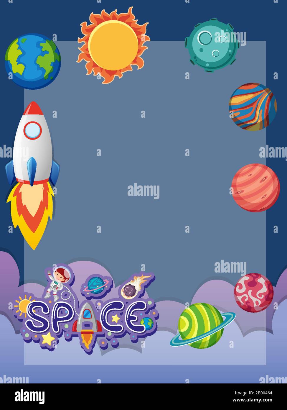 Frame design template with spaceship flying in the space illustration ...