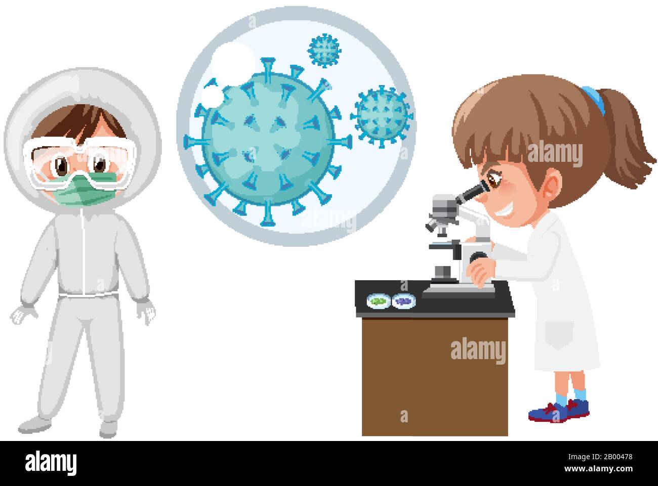Coronavirus cell and two scientists in the lab illustration Stock ...