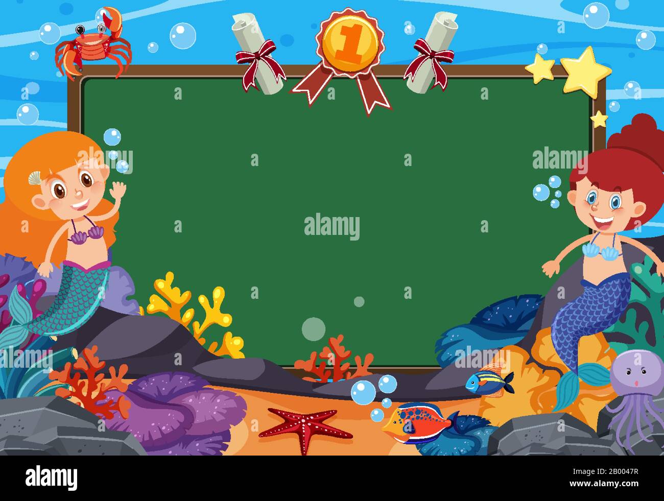 Frame template design with mermaid under the sea illustration Stock ...