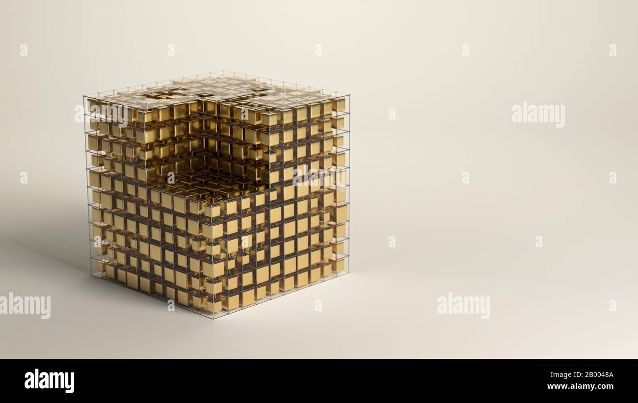 cube grid with different sized gold boxes, symbolizing a bank vault or ...