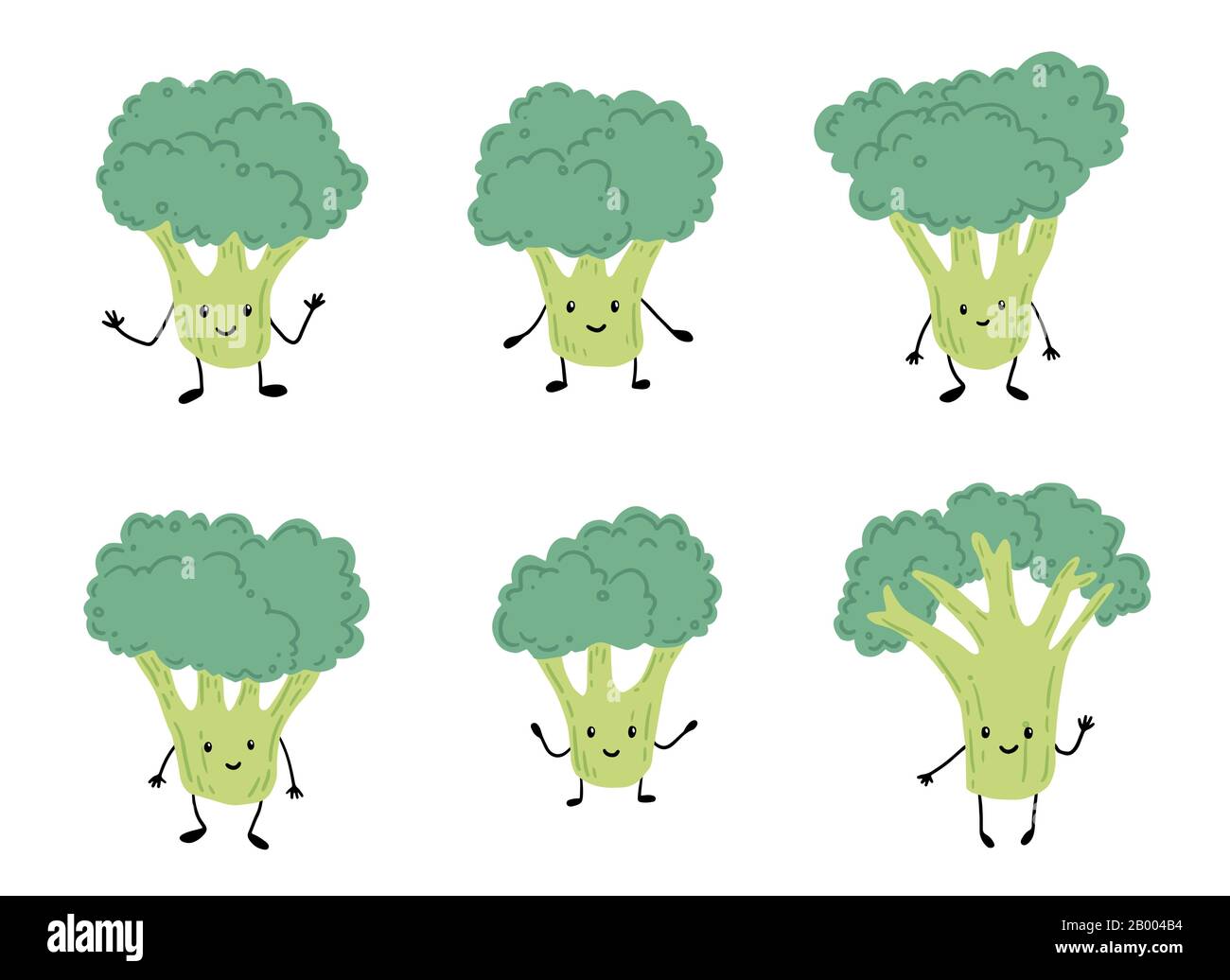 Broccoli funny cartoon character set. Vector illustration isolated ...