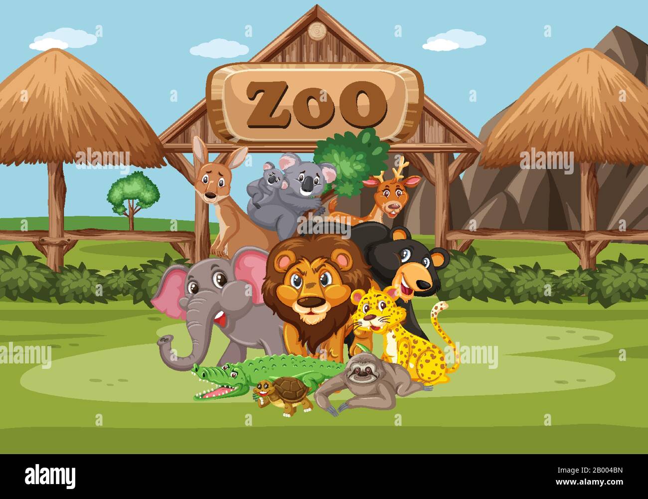Scene with wild animals in the zoo at day time illustration Stock ...