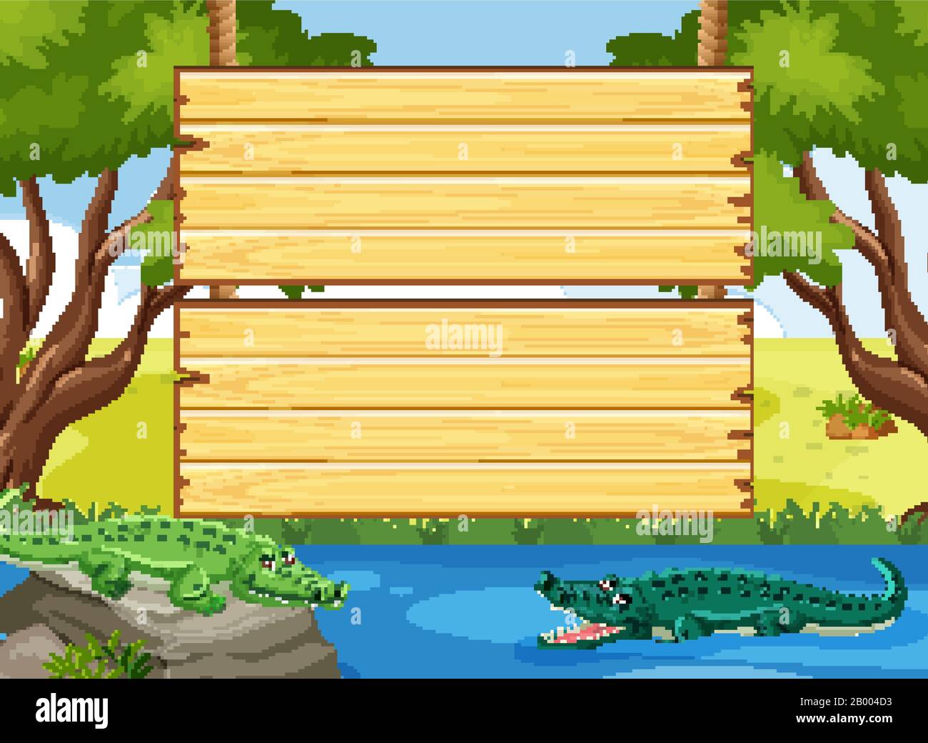 Wooden sign template with crocodiles in the park illustration Stock ...