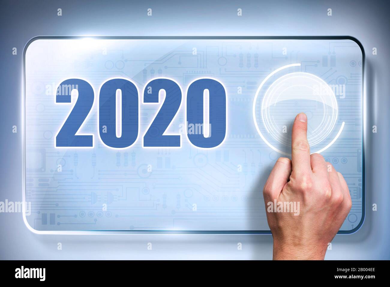 finger presses a button with a loading bar on a touchscreen to load up ...