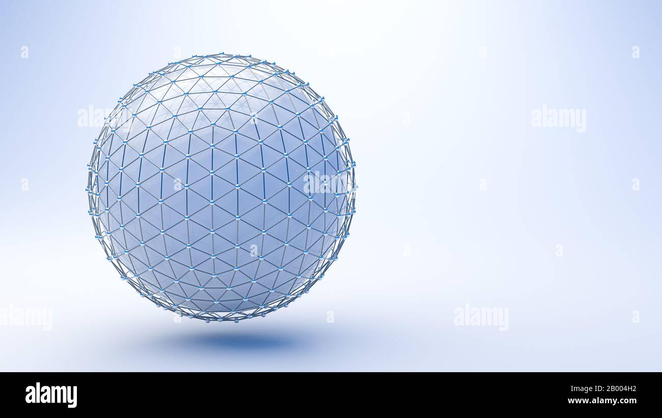 protective grid around a blue sphere on blue background - 3D rendered ...