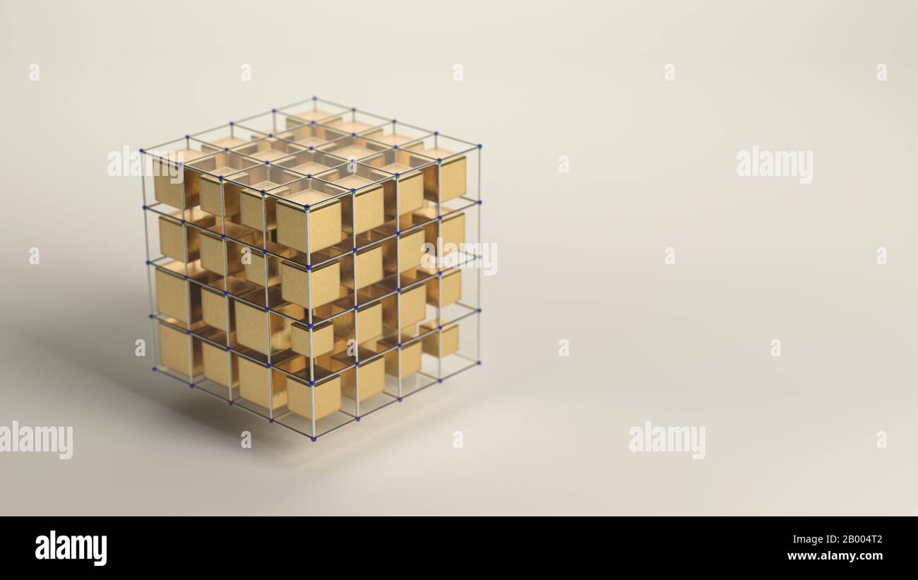cube grid with different sized gold boxes, symbolizing a bank vault or ...