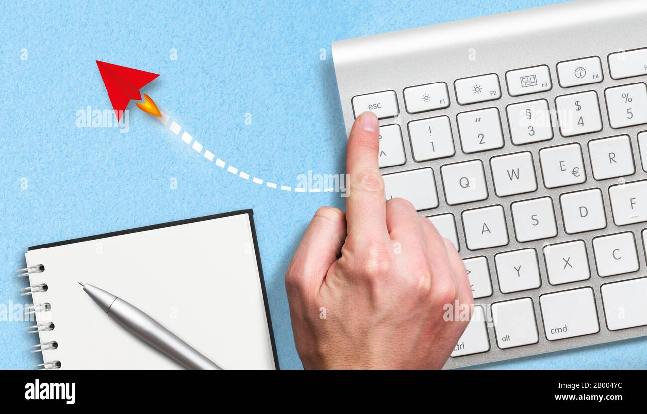 hand hitting ESCAPE key on keyboard and an airplane illustration flying ...