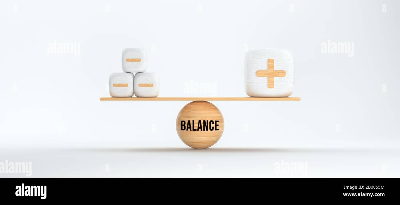 wooden scale balancing cubes with plus and minus symbols and the word ...