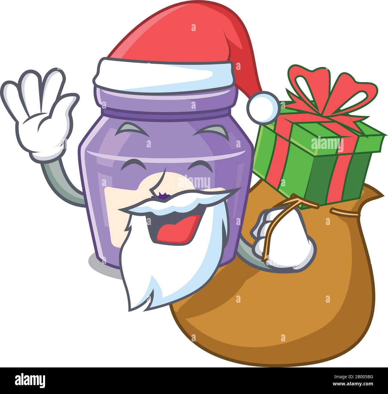Santa blueberry jam Cartoon character design having box of gifts Stock ...
