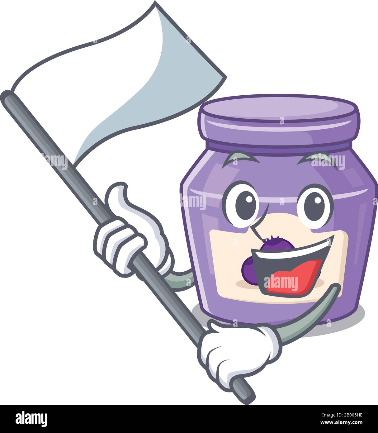 Funny blueberry jam cartoon character style holding a standing flag ...