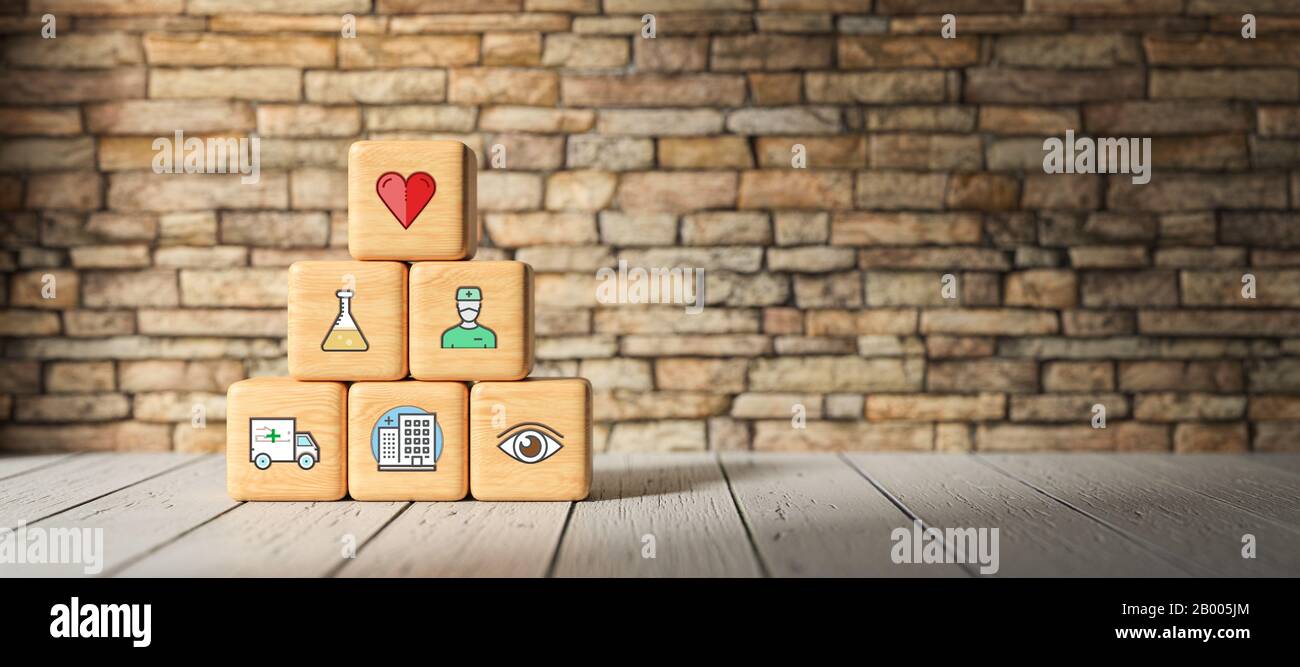 cubes with health icons on wooden floor in front of a brick wall - 3d ...