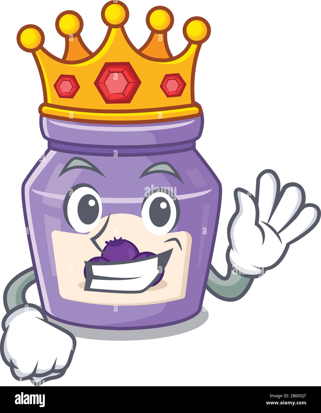 A cartoon mascot design of blueberry jam performed as a King on the ...