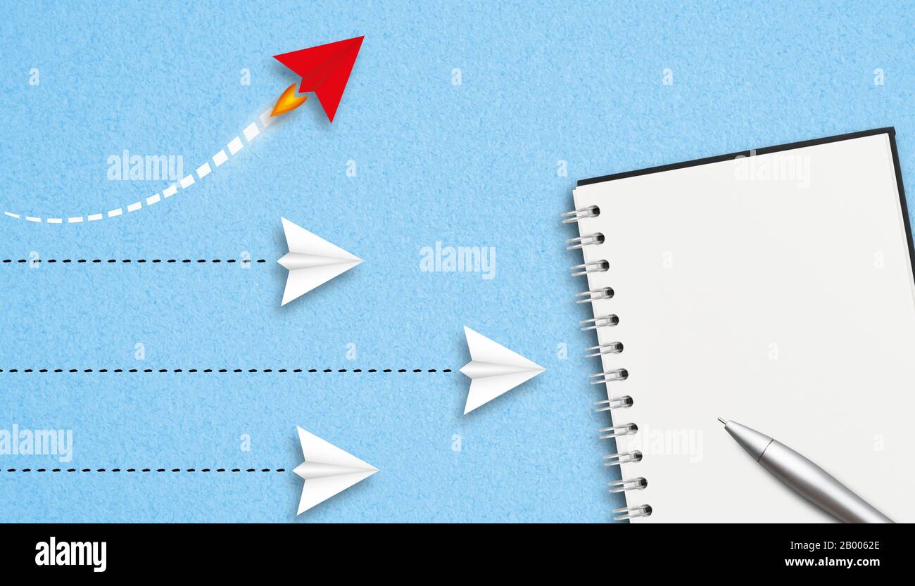 little airplanes and a red one on paper background that is faster ...