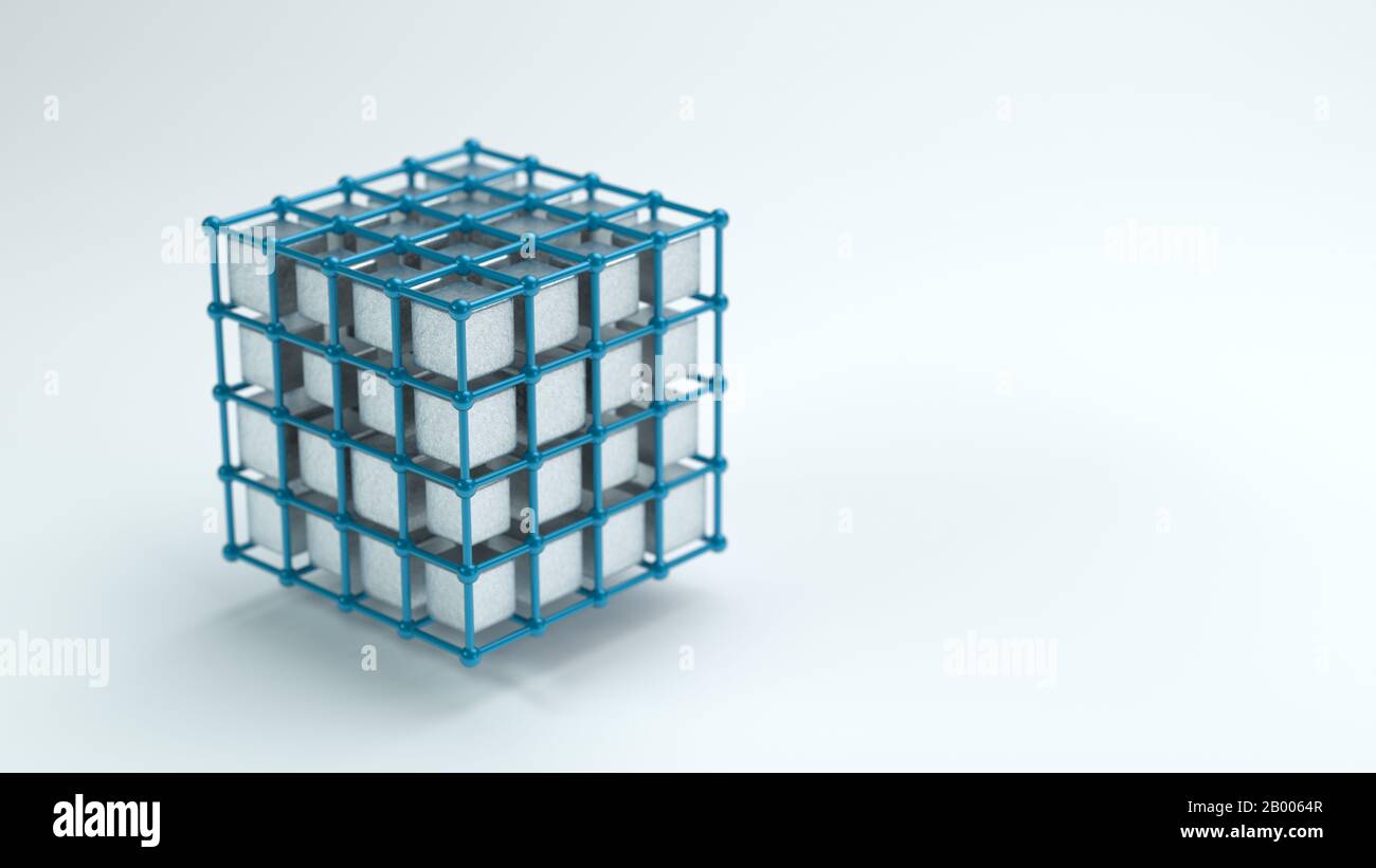 cube grid with different sized silver boxes symbolizing data in a ...