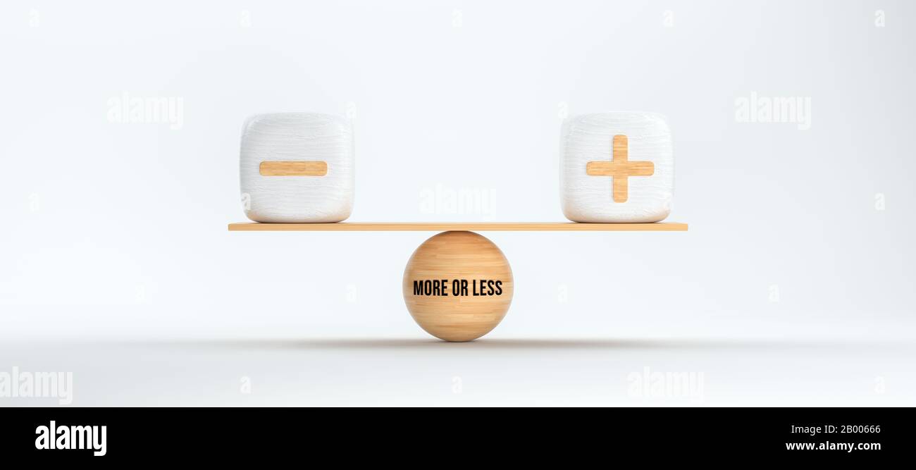 wooden scale balancing cubes with plus and minus symbols and text MORE ...
