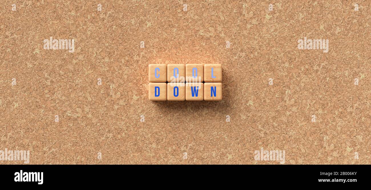 cubes with words COOL DOWN in blue letters on a cork board - 3D ...