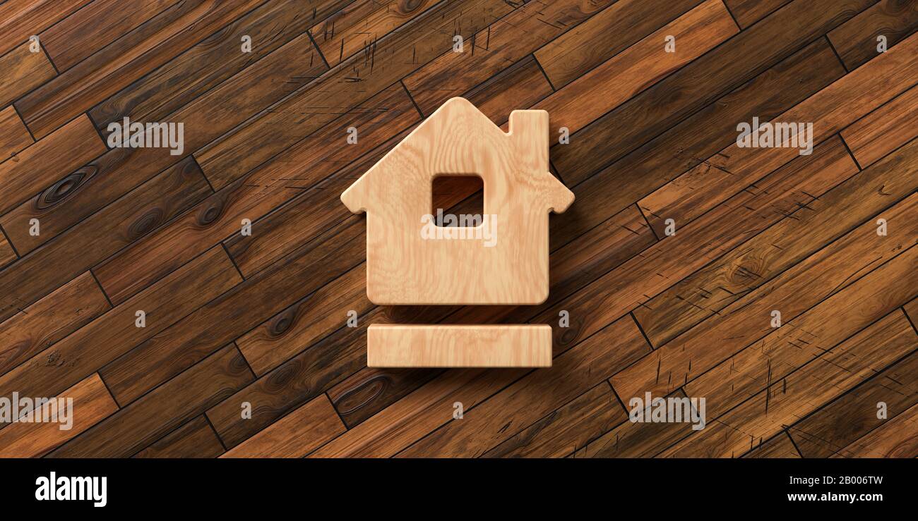 3D rendered house symbol on wooden background with blocks for own ...