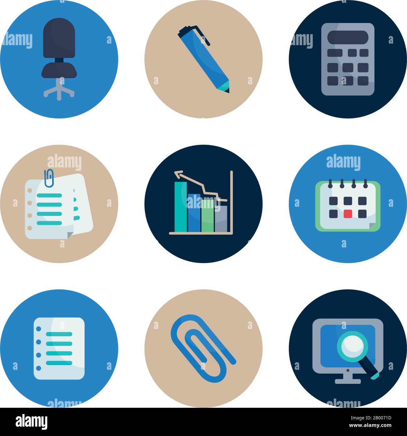 Flat block style icon set design, Office object workforce corporate job ...