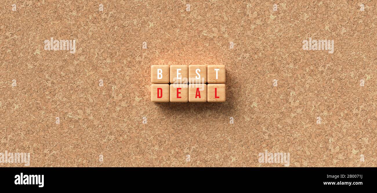 cubes with the words BEST DEAL on cork background - 3D rendered ...