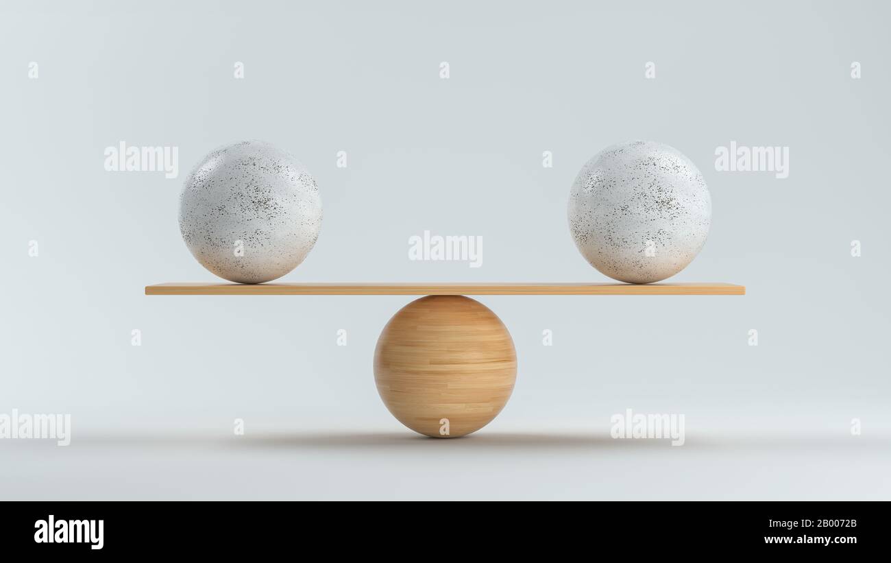 wooden scale balancing two big balls in front white background - 3D ...