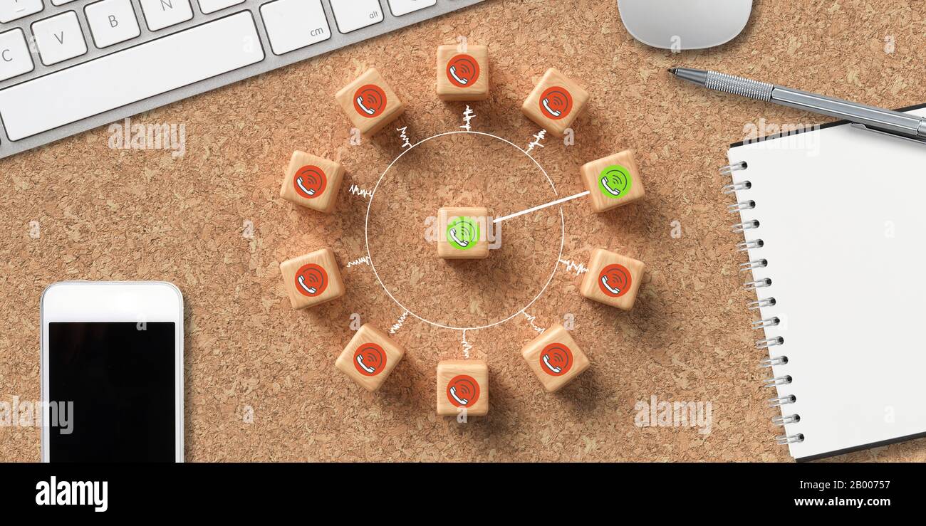 cubes with icons symbolizing a call center surrounded by a smartphone ...