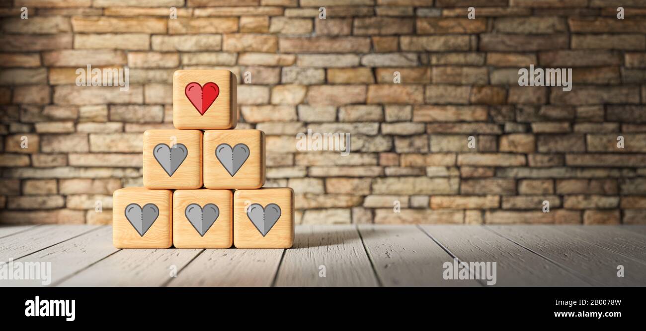 wooden blocks with heart icons in front of brick wall on wooden floor ...