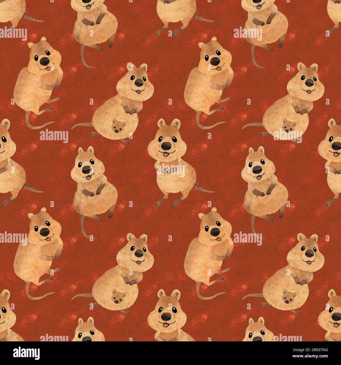 Seamless pattern cute watercolor quokka on textured red background ...