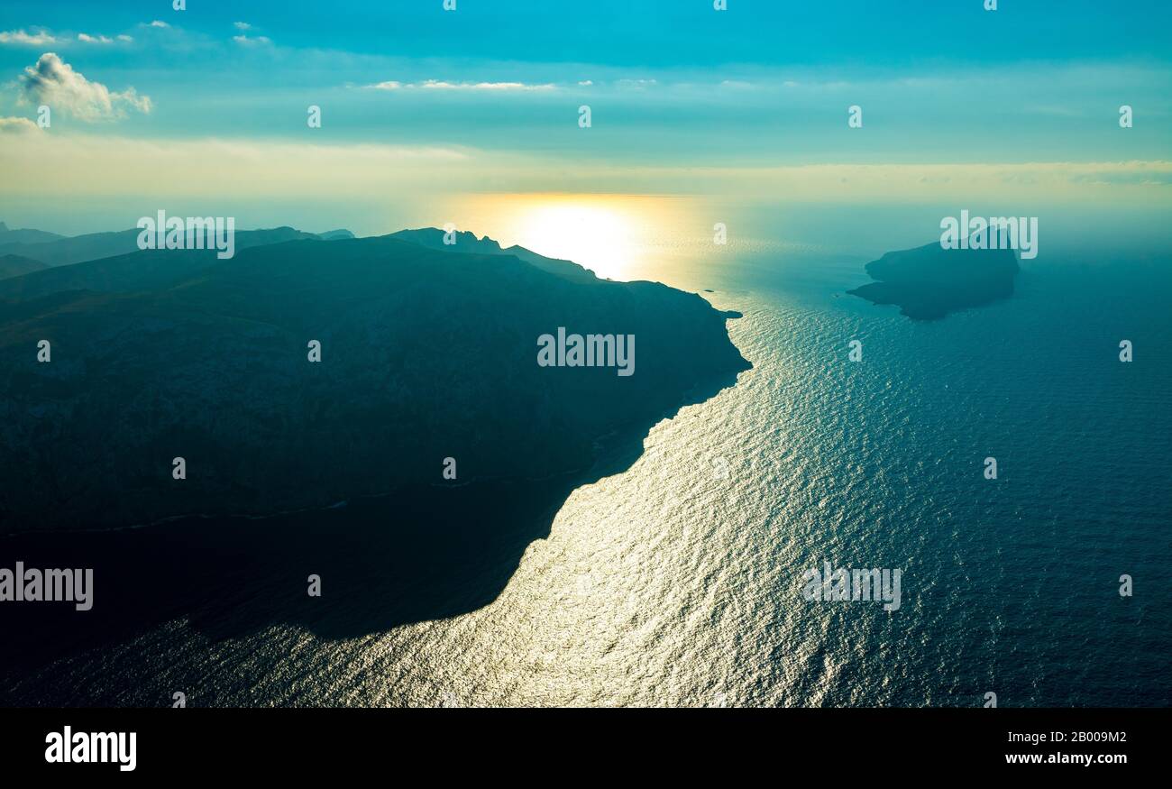 Aerial view, backlit coastal landscape at Sant Elm, Sa Dragonera ...