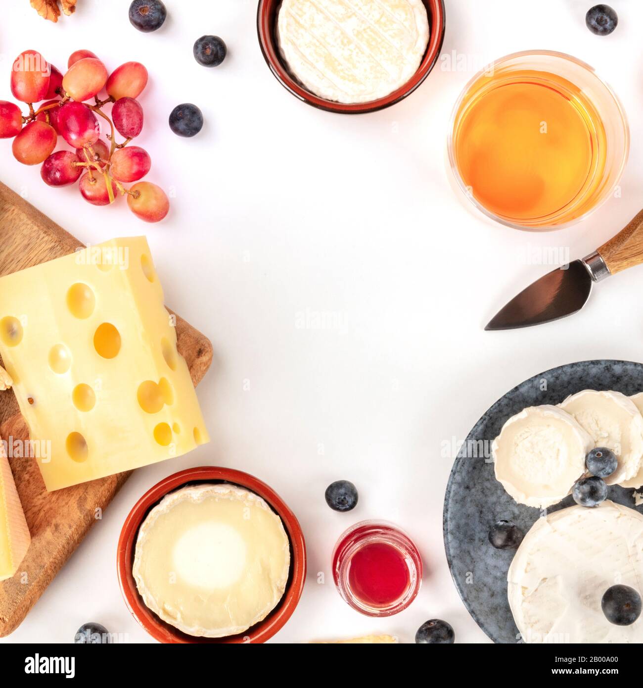 Cheese design template, square overhead shot with Brie, goat cheese ...