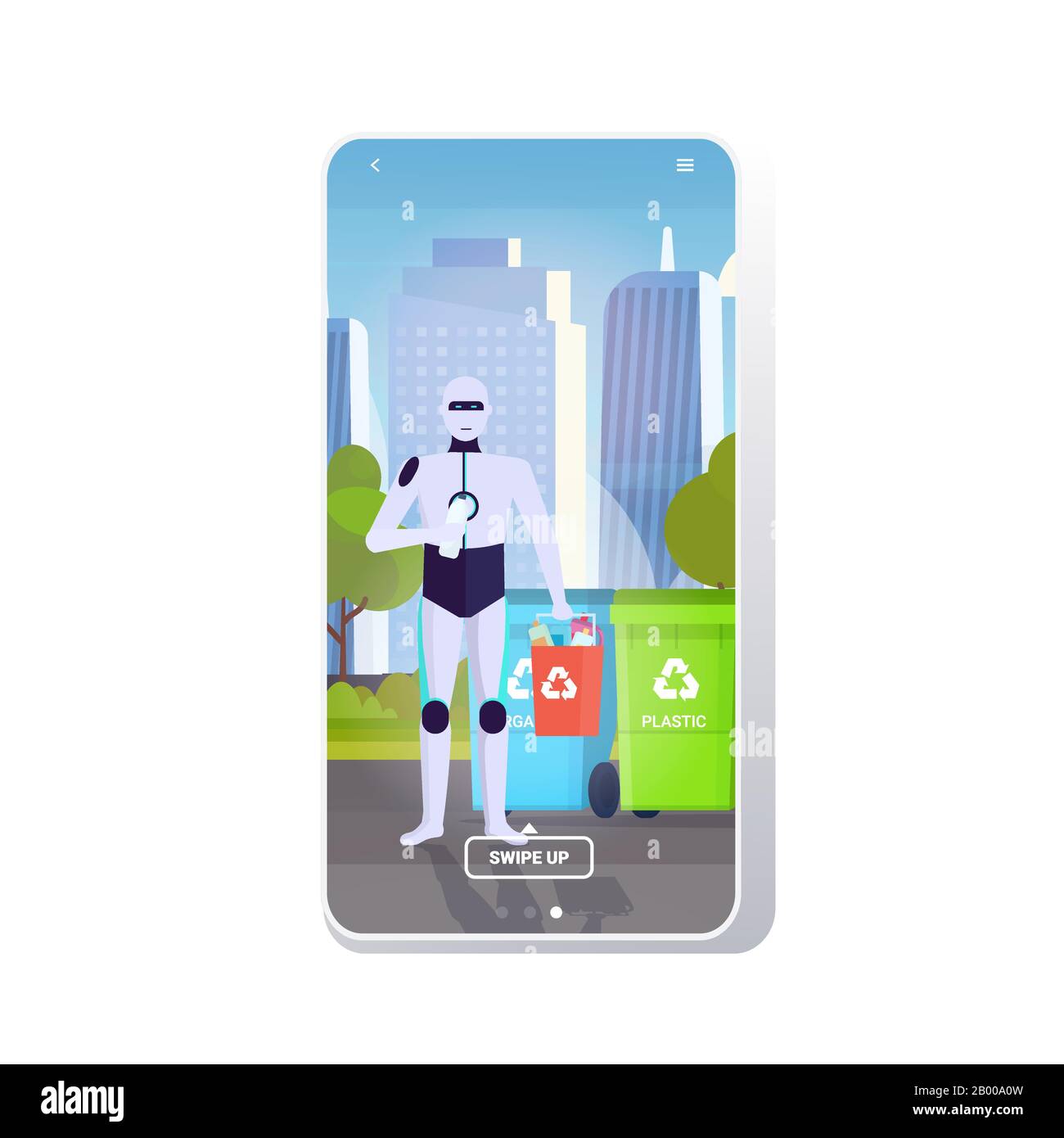 robotic character holding plastic rubbish container near colorful trash ...