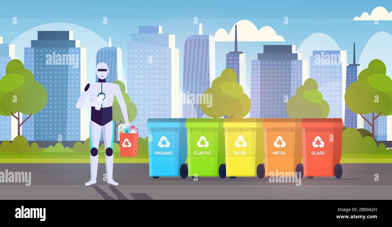 robotic character holding plastic rubbish container near colorful trash ...