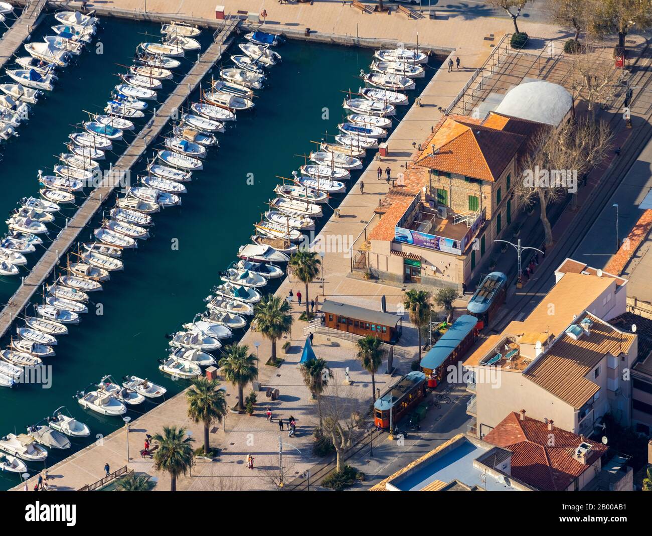 Aerial view, Port de Sóller tram station, Mallorca, Spain, Europe ...