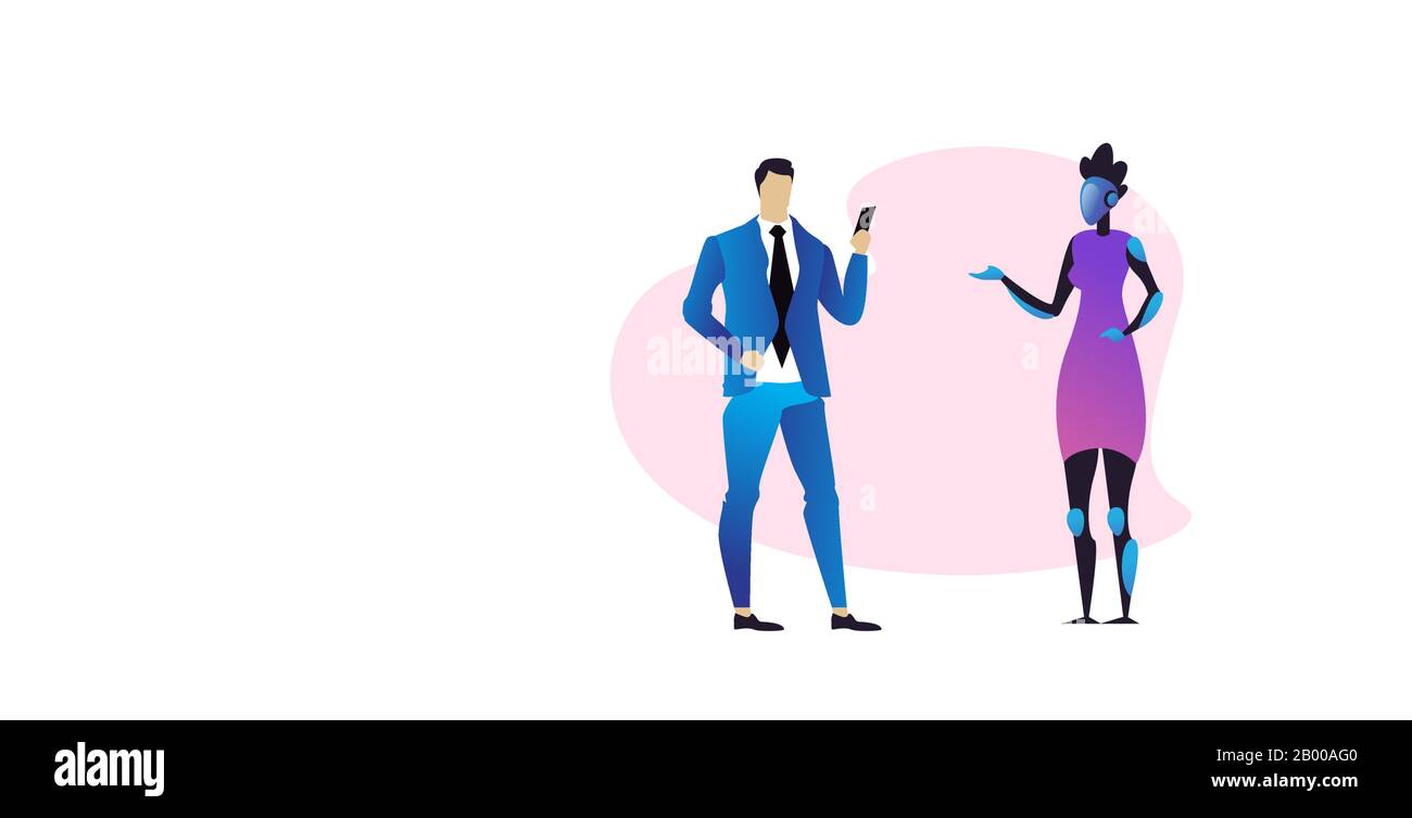 businessman photographing modern robotic woman on smartphone camera ...