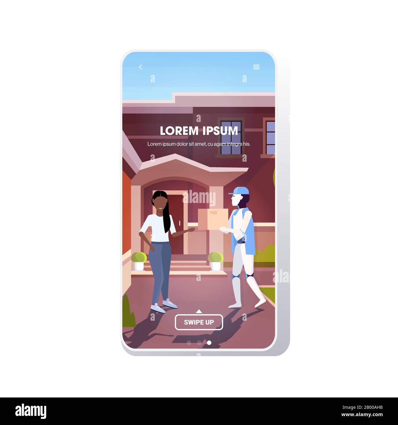 modern robot delivering cardboard parcel box to woman recipient ...