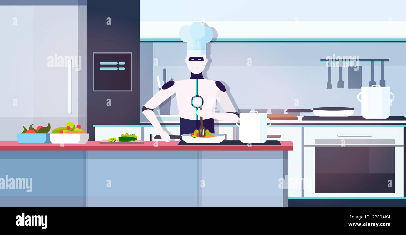 modern robot chef cooking dish robotic cook preparing food artificial ...