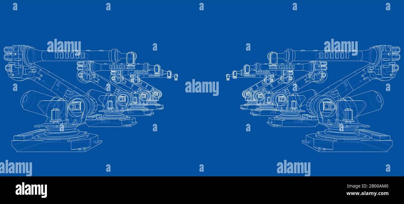 A industral robots manipulators. Blueprint style. Vector rendering from ...