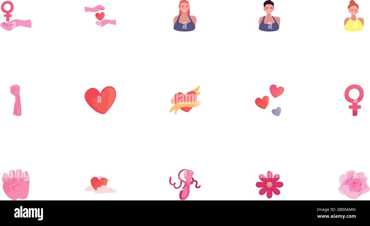 Fill style icon set design of Womens day empowerment female power ...