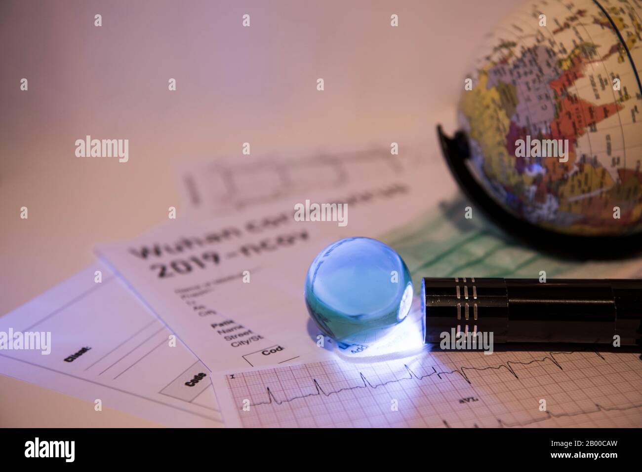 Medicine documents under ultraviolet light. Abstract photo of illness ...