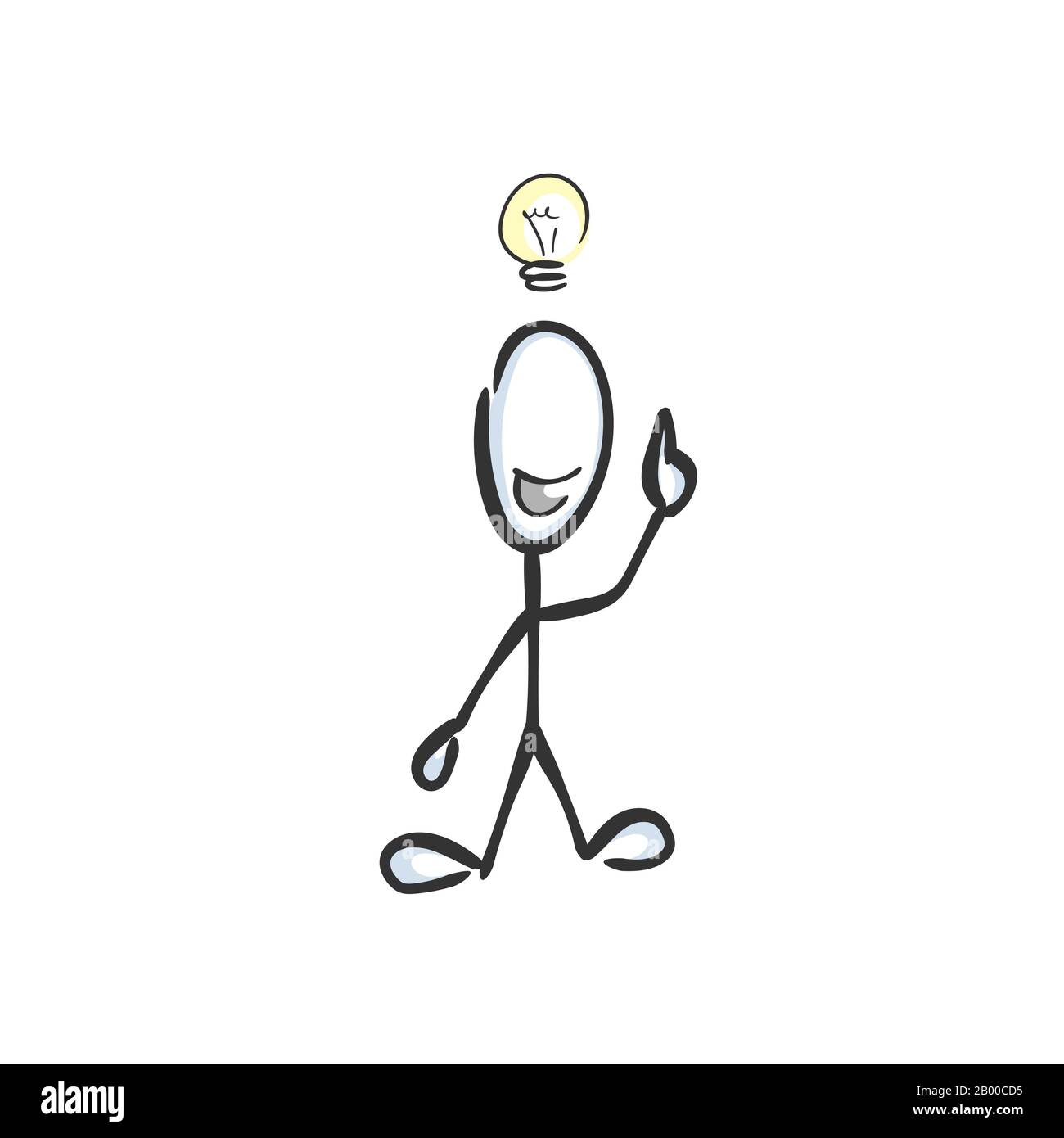 Great idea. Genius thought. Lightbulb above head. Hand drawn. Stickman ...
