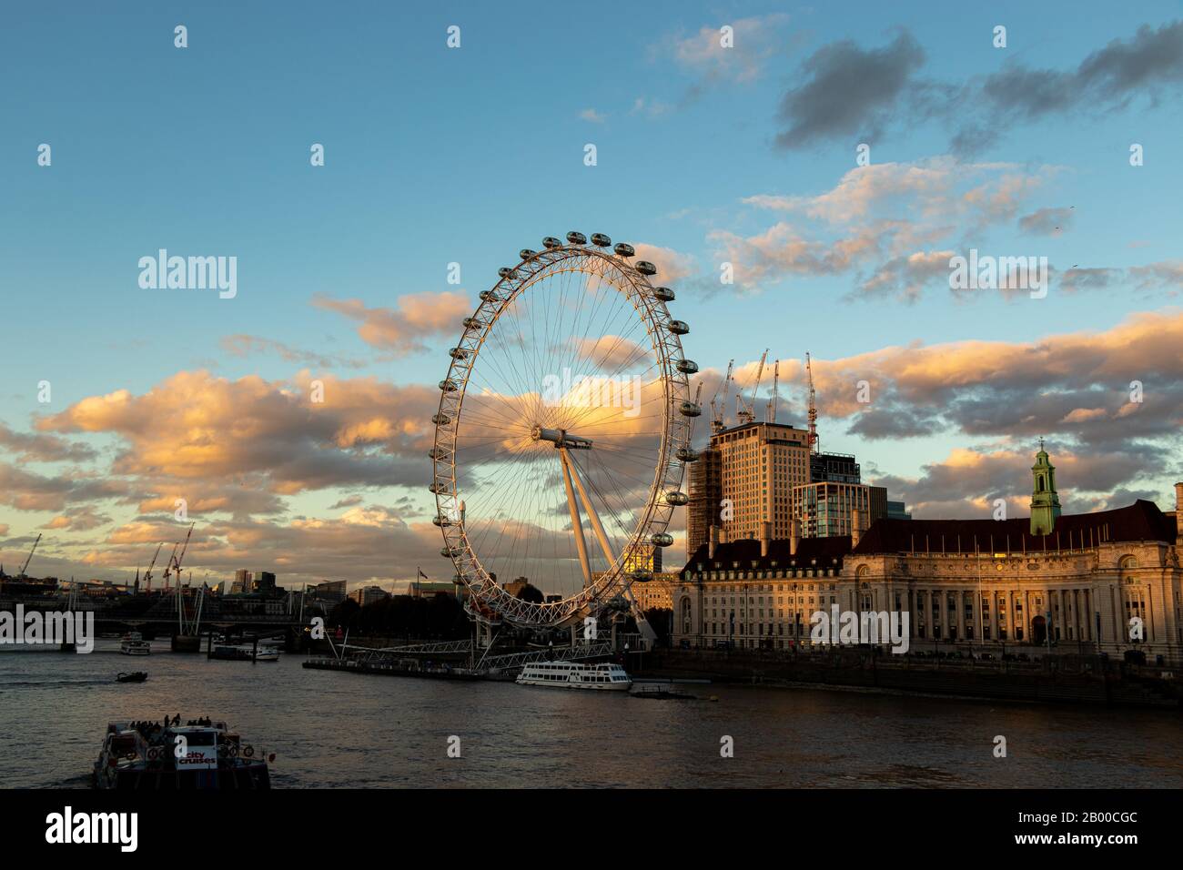 London, England - September 21, 2018: View of London Eye at sunset ...