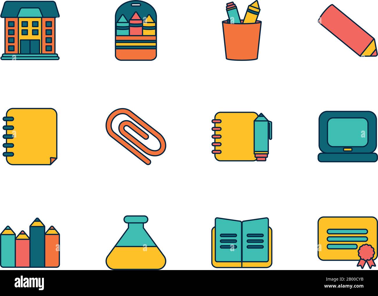 School line fill style icon set design, Eduaction class lesson ...