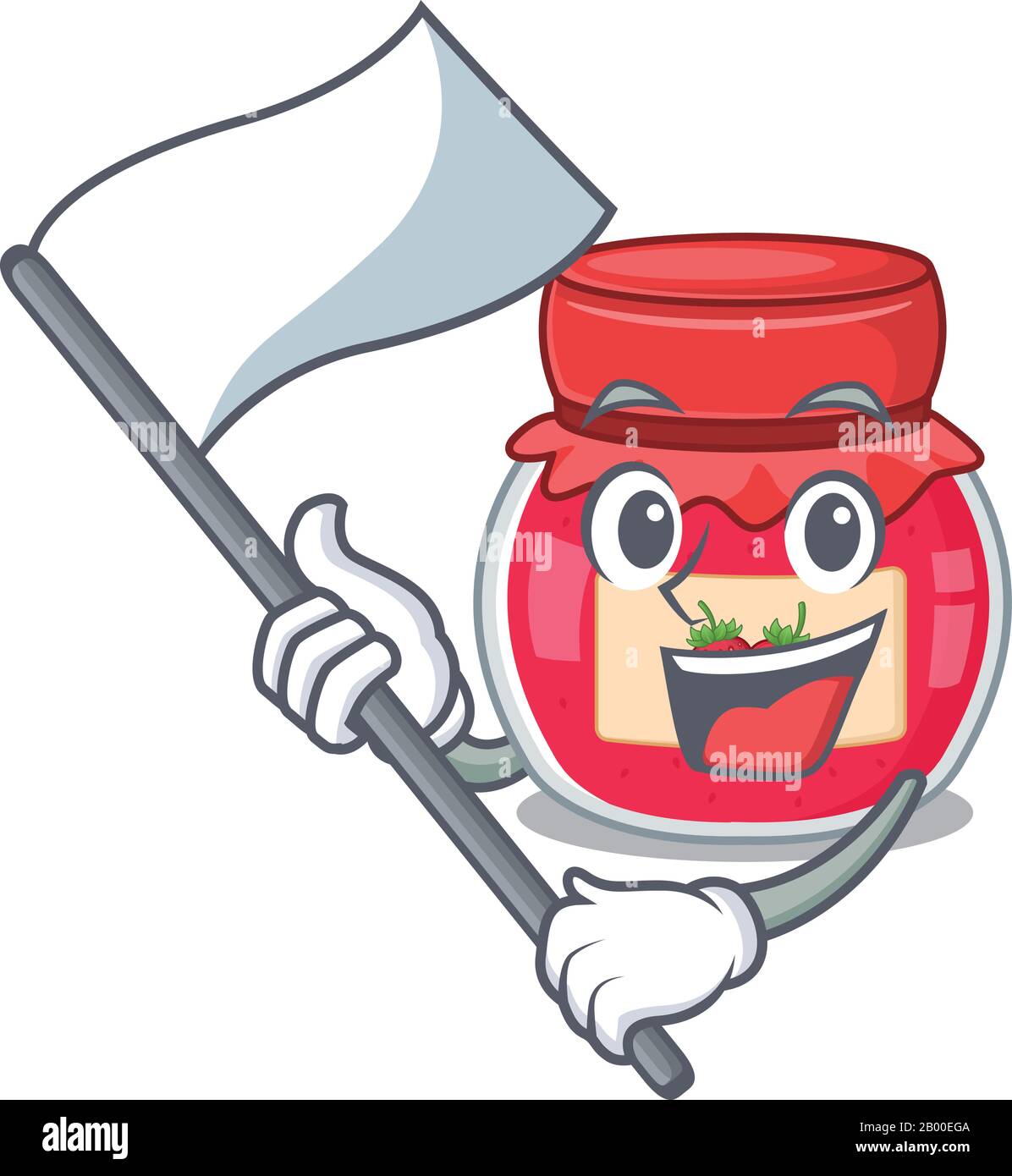 Funny strawberry jam cartoon character style holding a standing flag ...