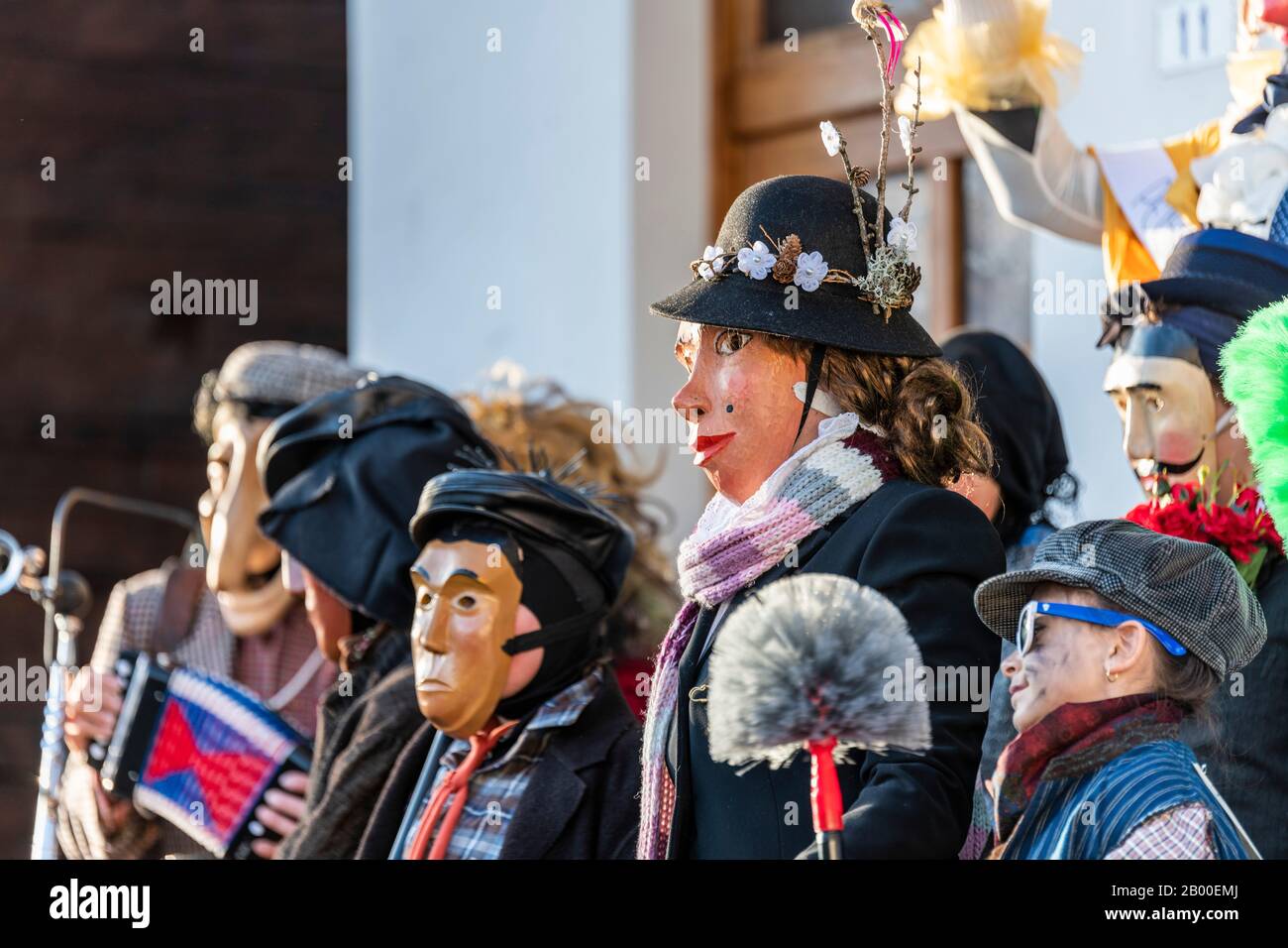 Ancient carnival of Sauris. Traditional wooden masks. Italy Stock Photo ...