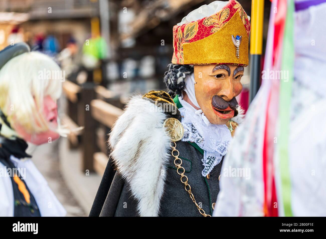 Ancient carnival of Sauris. Traditional wooden masks. Italy Stock Photo ...