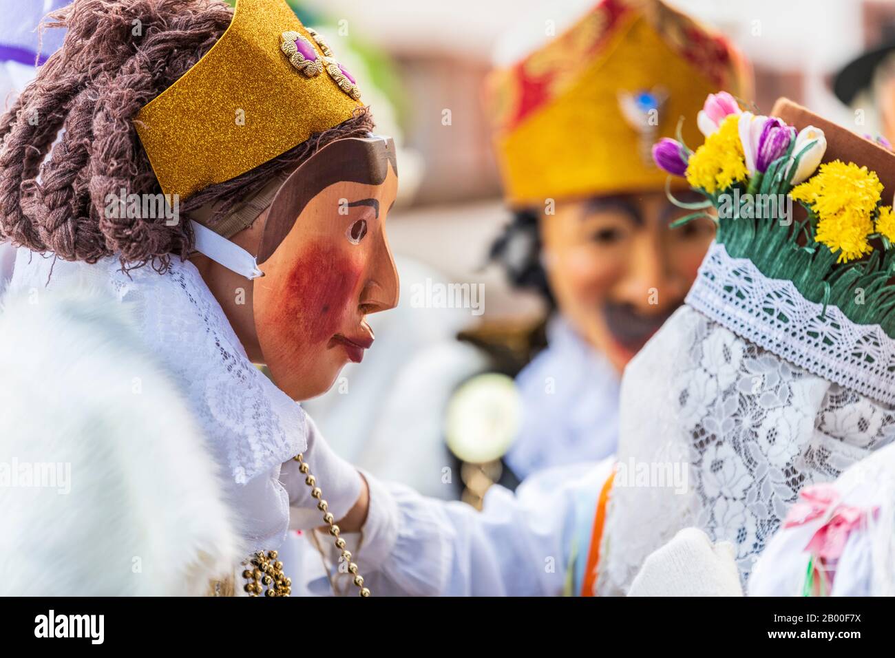 Ancient carnival of Sauris. Traditional wooden masks. Italy Stock Photo ...