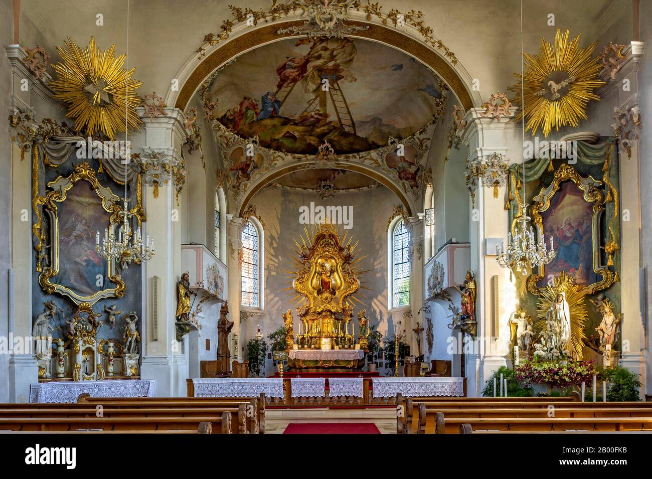 Interior with main altar and side altars, baroque pilgrimage church ...